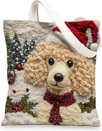 Generic Sac fourre-tout en toile r&eacute;utilisable pour le shopping 33 x 38 cm, motif caniche de No&euml;l, sac d&eacute;picerie r&eacute;utilisable pour femme, peinture danimaux dom