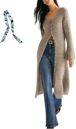 Generic Cardigan long &eacute;l&eacute;gant pour femme, col en V boutonn&eacute; en tricot &eacute;pais, cardigan &agrave; manches longues boutonn&eacute;, kaki, XL