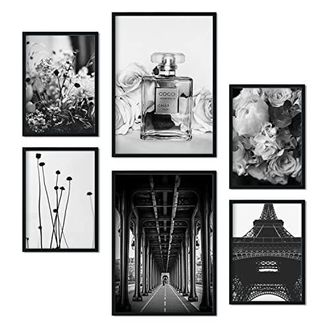 Nacnic | Set de 6 affiches murales : Paris & &eacute;l&eacute;gance | affiche decoration murale | Tour Eiffel, parfum, fleurs, architecture | Noir et blanc chic | A3 et A4