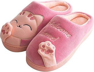 Minetom Hiver Unisex Intérieure Chaussons Coton Pantoufles Peluche Chaudes Cartoon Chat Animal Antidérapant Chaussons Hommes Femmes Slipper House Shoes D Rose
