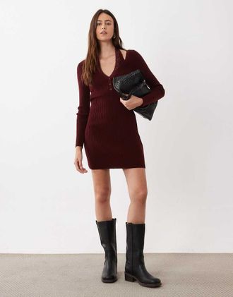 Asos robe courte en maille &agrave; double &eacute;paisseur avec d&eacute;tail dos nu en dentelle bordeaux-Rouge