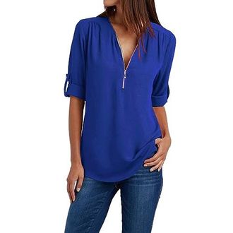 Generic Tee Shirt Femme Grandes Tailles- Haut Femme Zipp&eacute;,Tunique &Agrave; Manches Courtes Sexy Col en V Top L&acirc;che Couleurs Unies Blouses D&eacute;contract&eacute;es Respirant Con