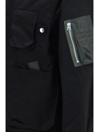 sacai Mens Bomber Jacket With Leather Details, Black Cotton