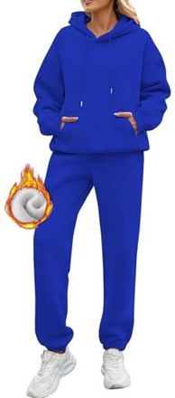 Generic Survêtement 2 pièces en polaire confortable pour femme - Pour lautomne et lhiver - Sweat à capuche confortable avec poches et pantalon de jogging, ble