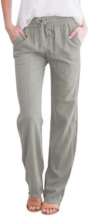 Generic Pantalon en lin pour femme - Jambe large avec poches - Taille haute - Taille &eacute;lastique - D&eacute;contract&eacute; - Pantalon d&eacute;t&eacute; ample - Pantalon de yoga long et 