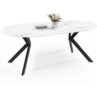 IDMarket Idmarket - Table extensible ronde ALIX 4-10 personnes - Pied araign&eacute;e noir - Plateau effet marbre blanc - Longueur 110-200 cm