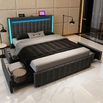 Generic Innovatives Jugendbett mit LED & USB-C Ladestation - 140x200 cm in Grau mit 4 Schubladen & Stauraum - Moderner Schlafkomfort ohne Matratze