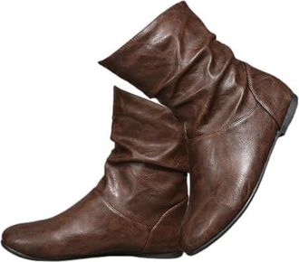 Generic Bottines molles en cuir pour femme, talon bas, d&eacute;contract&eacute;, confortable, mi-mollet, bottes courtes tendance &agrave; bout rond fronc&eacute; avec fermeture &eacute;clair l