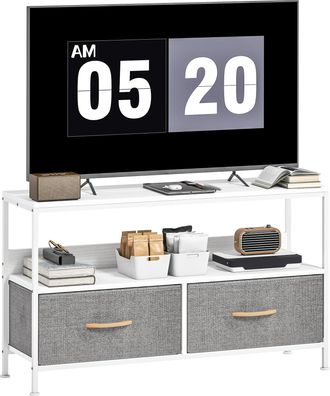 HOMCOM TV-St&auml;nder, TV-Tisch mit Regal und 2 klappbaren Stoffschubladen, f&uuml;r TV-Ger&auml;te bis 47, L&auml;nge 98 cm, f&uuml;r Wohnzimmer, Schlafzimmer, Wei&szlig; und Grau, f&uuml;r T