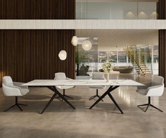 DELIFE Esstisch Edge 300x100 Keramik Calacatta Luxe Wei&szlig;-Gold-Grau Estelar rund Metall Schwarz, Esstische