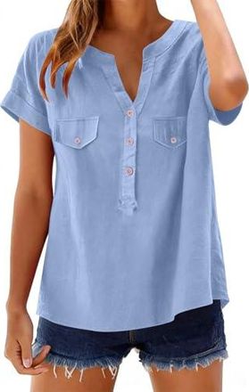 Generic T-shirt en gaze pour femme - Col Henley boutonn&eacute; - Manches courtes - Couleur unie - Chemisier d&eacute;contract&eacute; tendance - Col en V - Coupe ample avec deux 