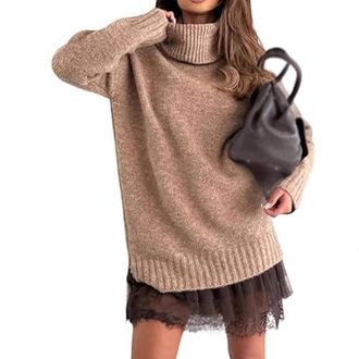 Generic Ensemble mini robe pull &agrave; col roul&eacute; pour femme, haut ample doux avec &eacute;l&eacute;gante bordure en dentelle, kaki, 3XL