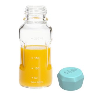 Trendglas Jena Glasflasche/Trinkflasche to go aus Borosilikatglas mit Skala - blauer Verschluss, 250 ml