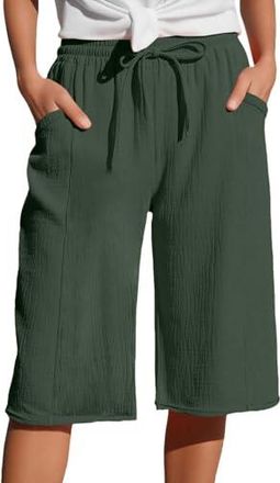 Generic Pantalon en coton et lin pour femme - Jambe large - Pantalon de plage d&eacute;t&eacute; pour femme - Confortable - Pantalon de yoga Palazzo XIYU26043, vert militai