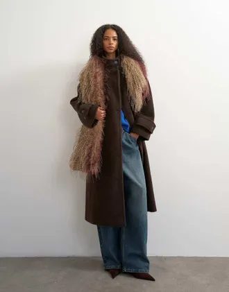 Topshop manteau habill&eacute; long &agrave; col chemin&eacute;e couleur chocolat-Marron