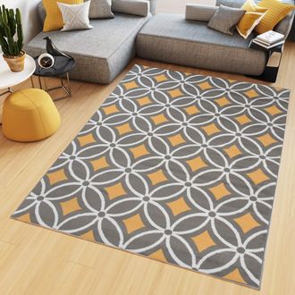 Tapiso Maya Teppich Kurzflor Wohnzimmer Gelb Grau Weiß Modern Geometrisch Mosaik Kreise Karo Schlafzimmer Esszimmer ÖKOTEX 120 x 170 cm