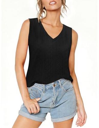 Zeagoo D&eacute;bardeur &eacute;l&eacute;gant pour femme - Col en V - Sans manches - D&eacute;contract&eacute; - En tissu &agrave; oeillets, Noir, XXL