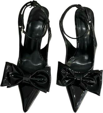 Generic YUJIEBB Escarpins &agrave; talons hauts avec sangle de cheville pour femme en cuir verni avec noeud et bout pointu, Noir, 39.5 EU