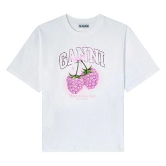 Ganni Femme, Tops, Blanc, Taille: 42 FR Rose Logo T-shirt