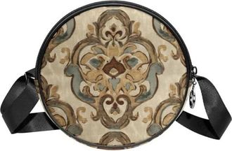 Generic Sac &agrave; bandouli&egrave;re rond pour femme, imprim&eacute; r&eacute;tro, petit sac &agrave; bandouli&egrave;re avec fermeture &eacute;clair, bretelles r&eacute;glables, sac &agrave; main rond d&eacute;contract&eacute; pour