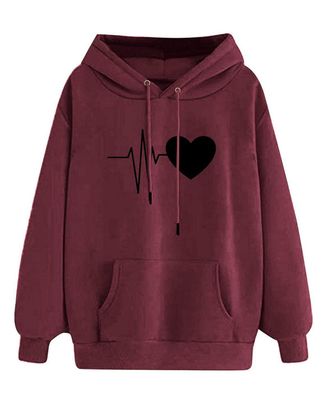 Heekpek Damen Hoodie Sweatshirt Herbst Winter Pullover Tops Langarm Shirt Hoodie Mode Love Print Pullover mit Tunnelzug Kordel und Taschen Langarm Hoodie,XL,W