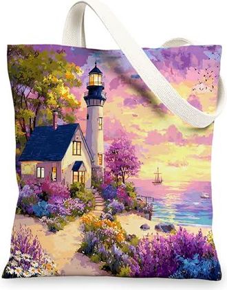 Generic Sac fourre-tout en toile motif phare - Sac de courses réutilisable - Motif paysage naturel - Légers et lavables - Avec bandoulière, coloré, 13x15 Inch