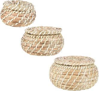 TOPBATHY 3 Stück Handgefertigtes Gras Aufbewahrungskörbe Mit Deckel Langlebig Und Robust Stapelbar Für Wohnzimmer Küche Badezimmer Und Eingangsbereich