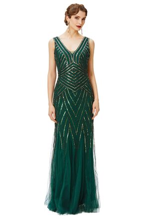 Babeyond Damen Flapper Kleid 1920er Jahre V-Ausschnitt Abendkleid Pailletten Perlen Maxikleid für Hochzeit, Grün-Gold, Klein