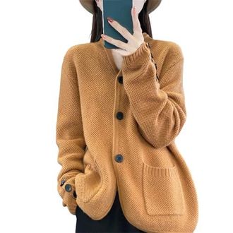 Generic Cardigan classique 100 % laine &agrave; col rond et manches longues pour femme, Jin Camel, Taille Unique