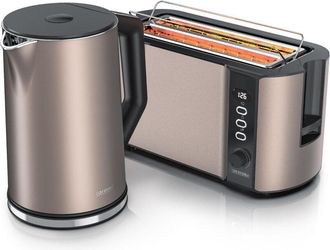 Arendo Arendo - Fr&uuml;hst&uuml;cks-Set, Wasserkocher 1,5l, Langschlitz Toaster f&uuml;r 4 Scheiben, Beige