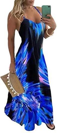 ORANDESIGNE Femme Robe Longue Vintage Boho Col Rond sans Manches Robe de Plage Floral B Bleu 42