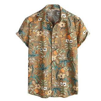 Generic Chemise en coton et lin pour homme - Haut de sport 2026 pour homme - Printemps et &eacute;t&eacute; - &Eacute;l&eacute;gant et d&eacute;contract&eacute; - Chemise imprim&eacute;e &agrave; revers - Manches c