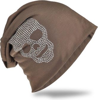 Miobo Slouch Beanie Mütze, Long, Totenkopf Motiv, Herren Damen,StrassTK-Graubraun