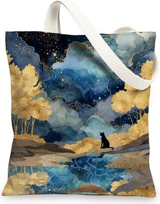 Generic Sacs fourre-tout en toile nature, design de paysage artistique, sacs dépicerie réutilisables, ciel nocturne élégant, léger, lavable, épaule S, bleu, 1