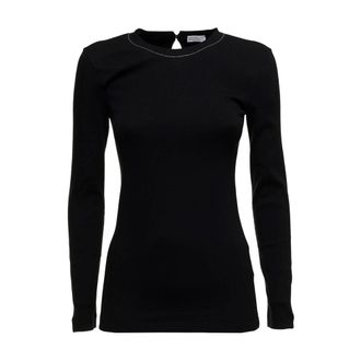 Brunello Cucinelli Schwarzes Baumwoll-T-Shirt mit Monile-Rundhalsausschnitt - - Tops - Damen - Schwarzk - M