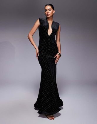 Asos Robe longue en velours avec d&eacute;collet&eacute; plongeant moul&eacute; et ourlet sir&egrave;ne de qualit&eacute; sup&eacute;rieure - Noir