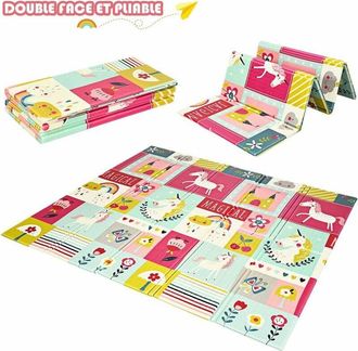Costway Costway - Tapis de Jeu pour Bébé Pliable 200x180x1,4CM avec lImage Licorne/Lion en Mousse xpe Non Toxique Antidérapant Double Face avec Sac de