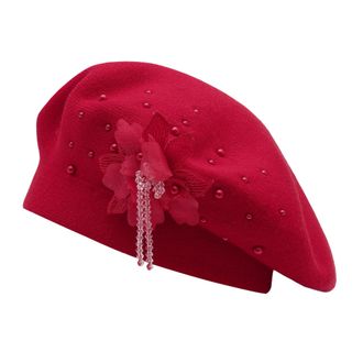 ZLYC Damen Wolle Baskenm&uuml;tze Klassische Franz&ouml;sischen Barett Warm Beret M&uuml;tze(Blumenanh&auml;nger Rot),Einheitsgr&ouml;&szlig;e
