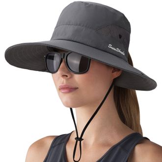 Dreshow Damen Sonnenhut Outdoor UV-Schutz Hut Faltbar Mesh Breite Krempe Angeln Pferdeschwanz Strand Eimer H&uuml;te mit Sonnenbrille
