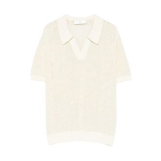 Dunst Polohemd aus Baumwolle und Leinen mit durchbrochenem Strickmuster - - Tops - Damen - Beige - XS