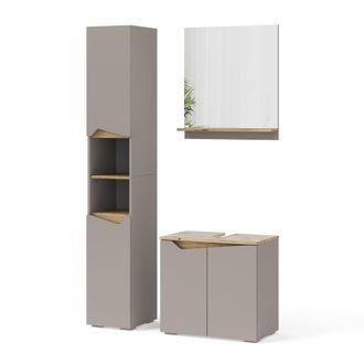 Vicco Badm&ouml;bel-Set Greige Marelle, bestehend aus Bad Spiegelschrank, Waschbeckenunterschrank, Hochschrank - Praktische Aufbewahrung f&uuml;r Badutensilien