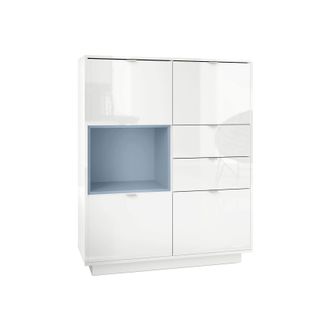 Vladon Highboard Sideboard Metro, Made in Germany, Korpus in Wei&szlig; Hochglanz/Fronten in Wei&szlig; Hochglanz mit Einsatz in Denim matt