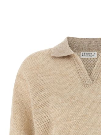 Brunello Cucinelli Perforated Waffle Knit Wool Blend Polo Shirt - Gold