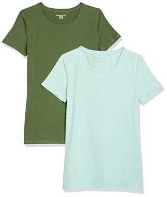 Amazon Essentials T-Shirt Ras-Du-Cou à Manches Courtes, Coupe Standard Femme, Lot de 2, Vert Menthe/Vert Uniforme, M