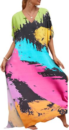 Bsubseach Lose Kaftan Kleider f&uuml;r Frauen Kurzarm Badeanzug Cover Up Casual Urlaub Outfits Bunt Tie Dye