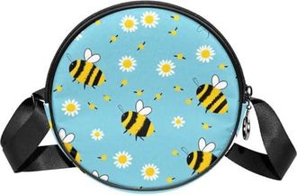 Generic Sac &agrave; bandouli&egrave;re rond pour femme, motif abeilles, marguerites, petit sac &agrave; bandouli&egrave;re avec fermeture &eacute;clair, bretelles r&eacute;glables, sac &agrave; main rond d&eacute;