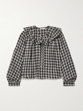 D&ocirc;en Joelle Bluse Aus Karierter Biobaumwolle Mit Volant - Schwarz