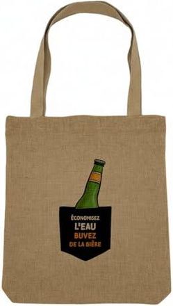 Fabulous Sac Shopping Tote Bag Aspect Lin - &Eacute;conomisez leau Buvez de la bi&egrave;re Poche Suprise Illustration - Sac de Courses Toile Epaisse 360g Beige Naturel Caba