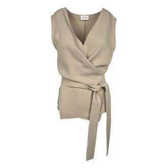 P.A.R.O.S.H. &Auml;rmelloses Top mit V-Ausschnitt und G&uuml;rtel - - Tops - Damen - Beige - XL