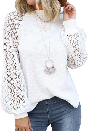 Zeagoo Damen Elegant Blusen Rundhals Langarm Oberteile Solide Hemdbluse Spitzen Arm Tunika Bluse mit Laternenärmeln Weiß XXL